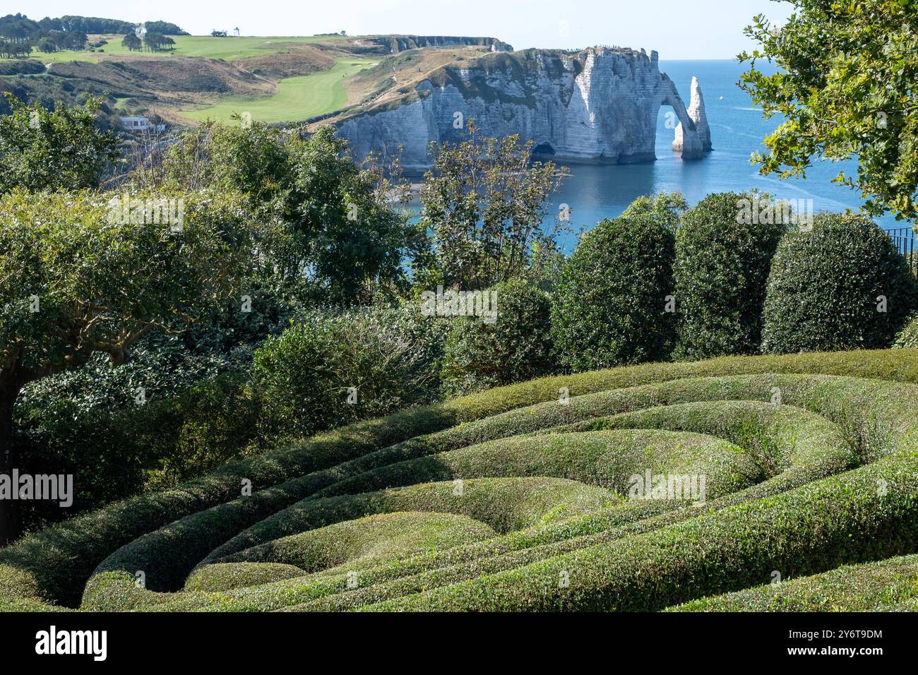 The gardens of Etratat, Normandy France, with manicured topiary hedges ...