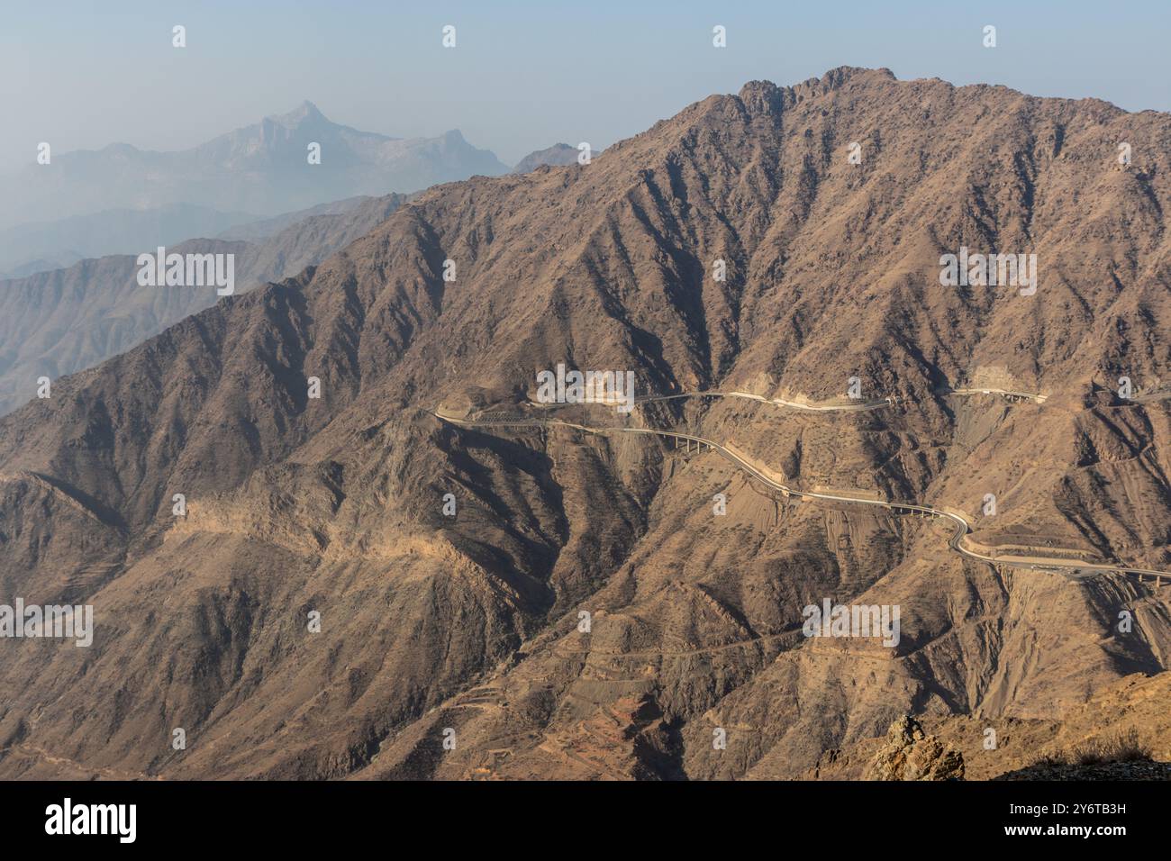 Deep valley with King Fahd Road in Sarawat mountains near Al Baha ...