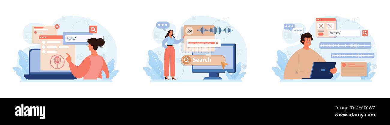 Voice search set. Artificial intelligence virtual assistant. Character ...