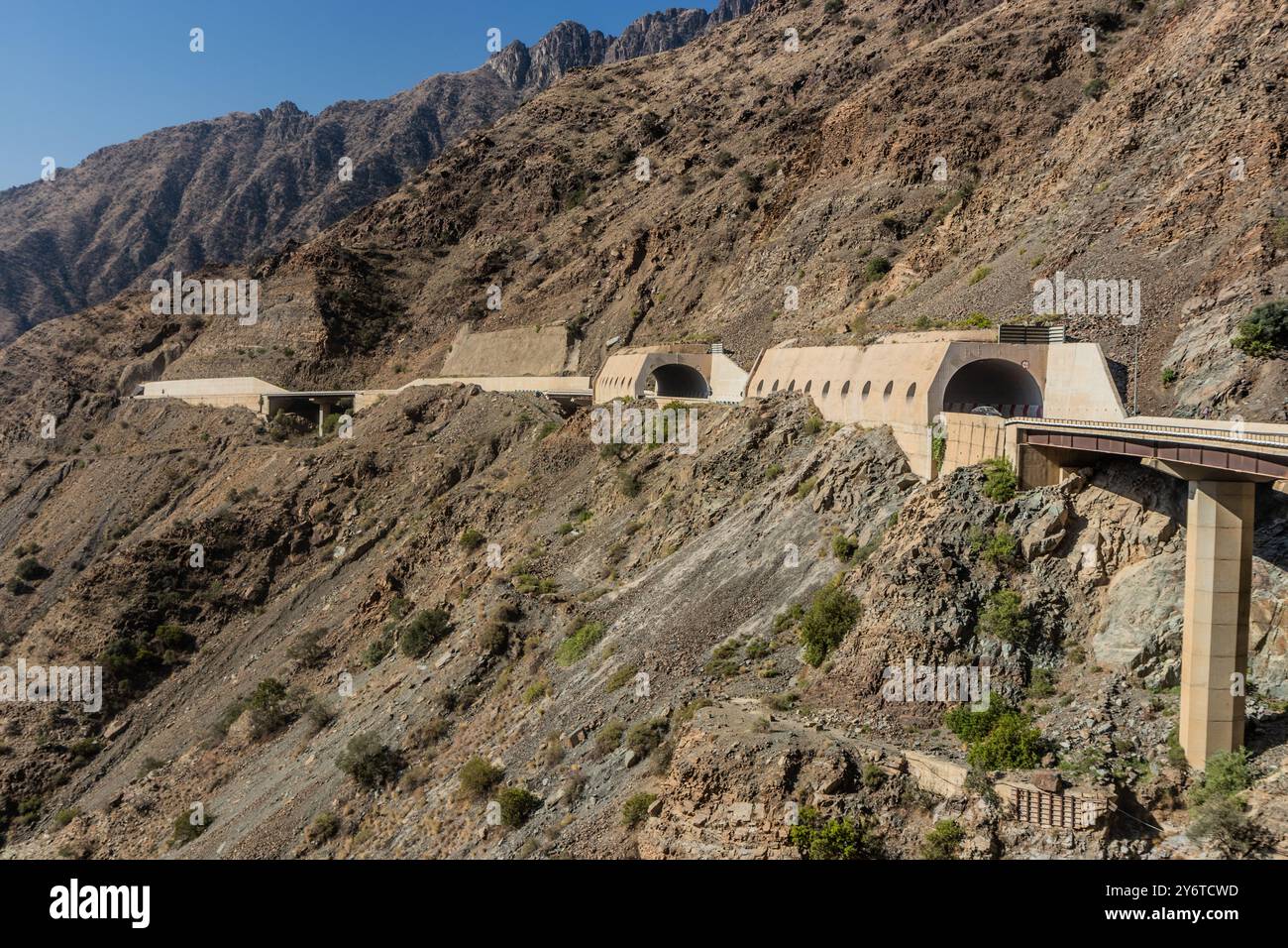 Tunnels and galleries at King Fahd Road in Sarawat mountains near Al Baha, Saudi Arabia Stock ...
