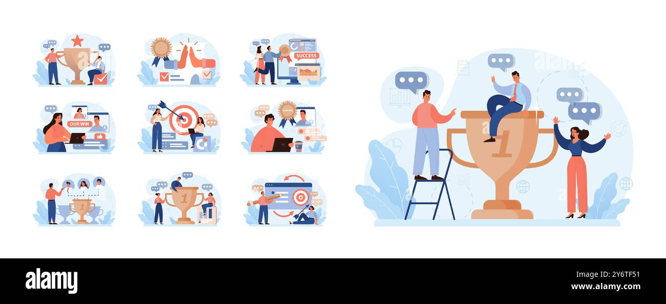 Group of people celebrating an overall victory set. Teamwork or friends ...