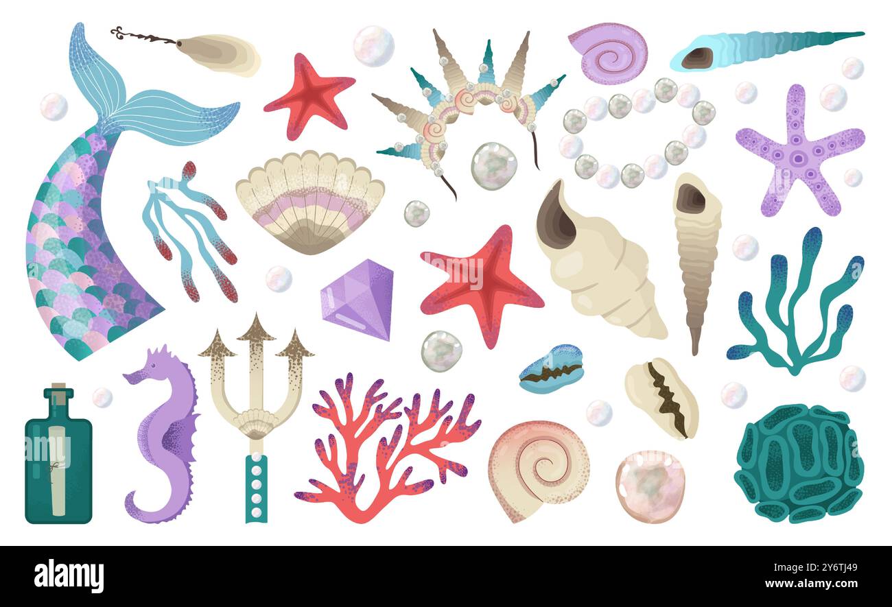 Mermaid elements set. Magical undersea world, seashell, starfish ...