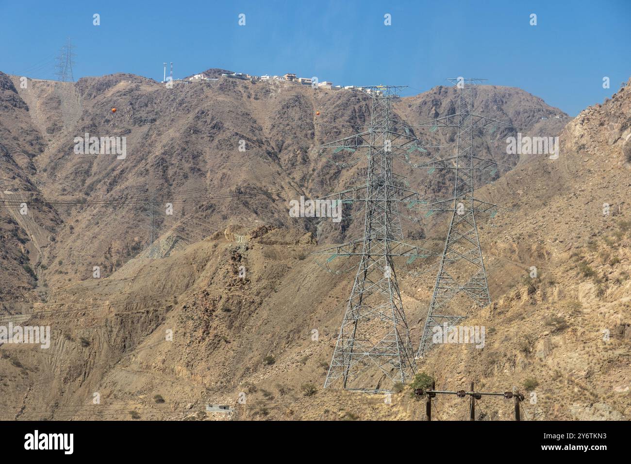 Pylons of high voltage transmission near Abha, Saudi Arabia Stock Photo ...