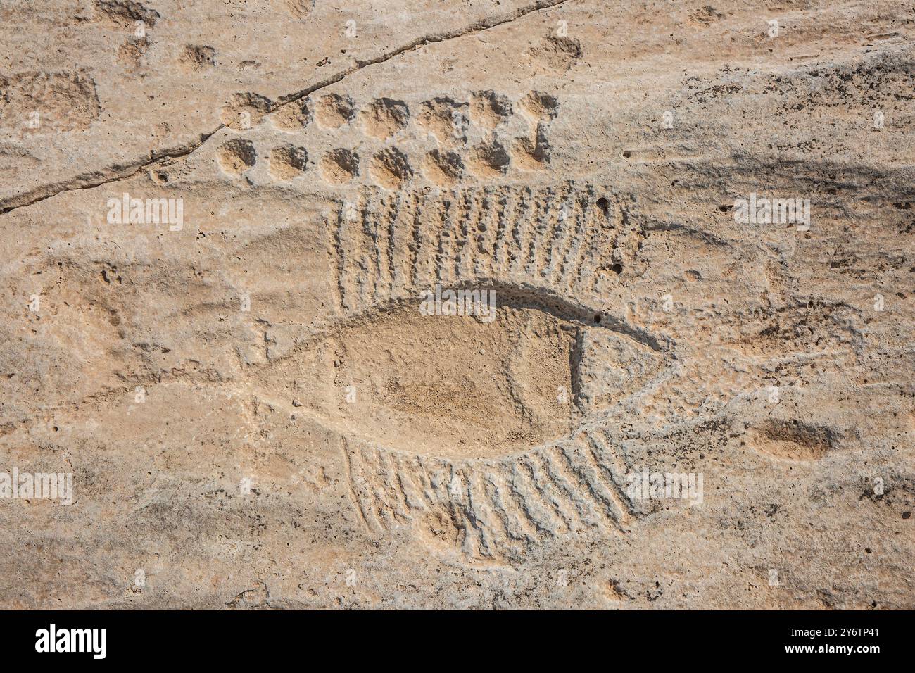 An ancient rock carving of a boat with oars at the Al Jassasiya Rock ...