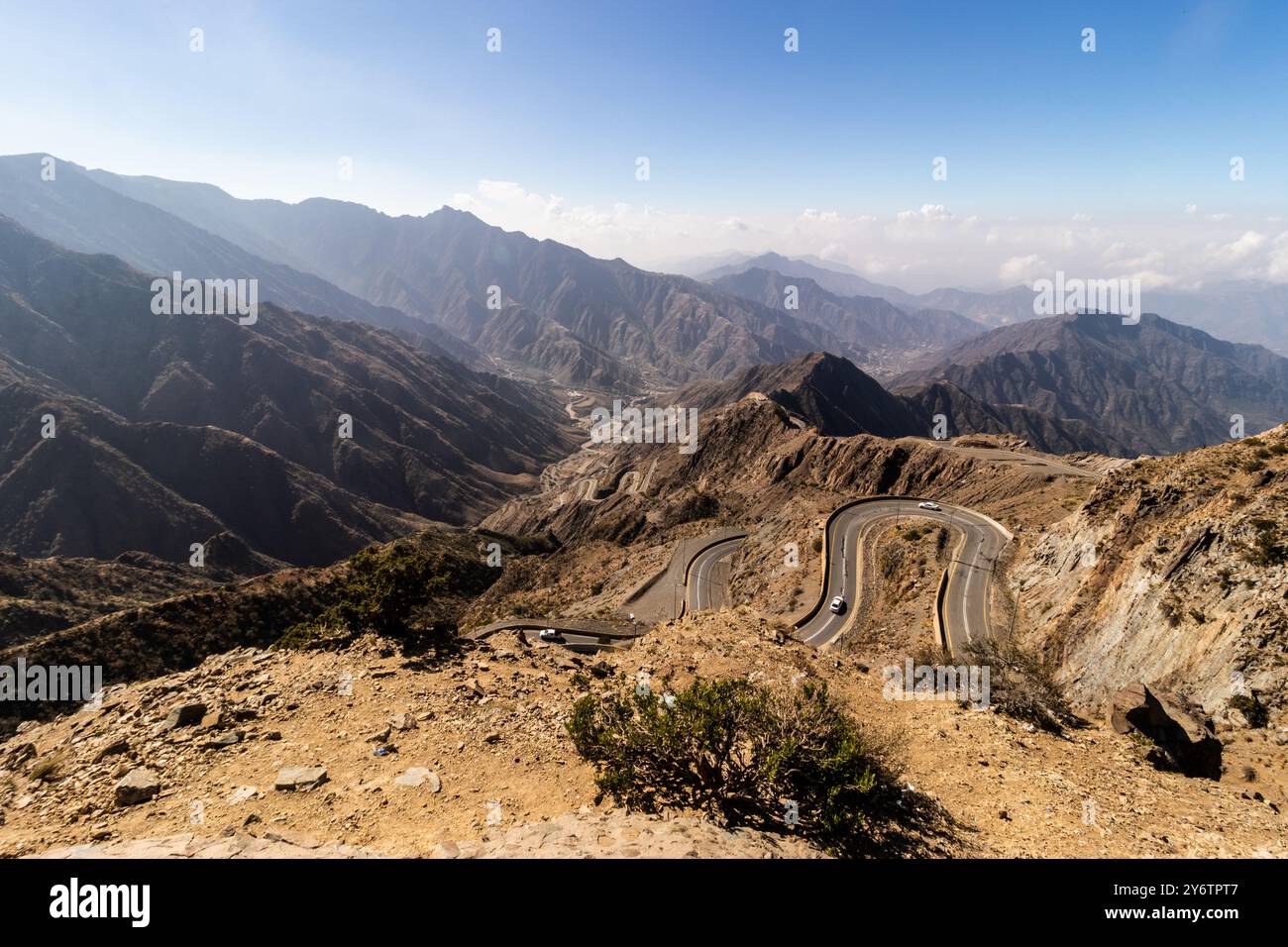 View of Al Souda mountains with a winding road near Abha, Saudi Arabia ...