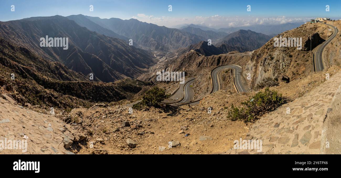 View of Wadi Hali in Al Souda mountains with a winding road near Abha ...