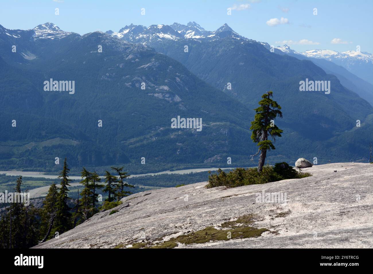 A view of the Squamish River and valley from a rocky mountaintop in the ...