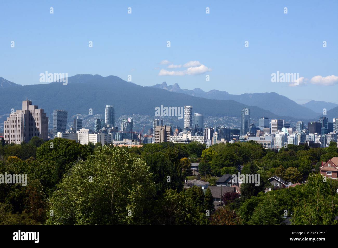 Looking north towards the towers of downtown Vancouver, The Lions peaks ...