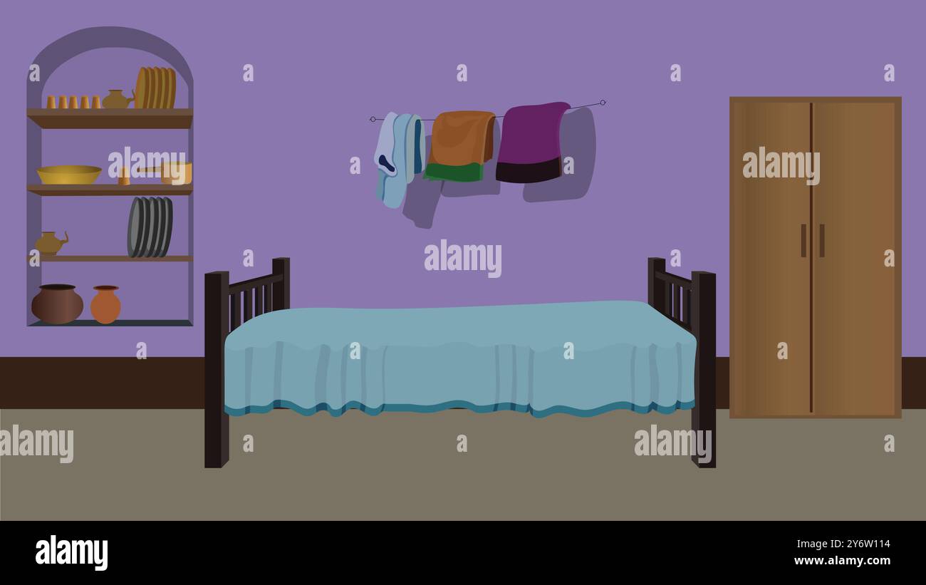 Village room inside cartoon background , bedroom interior vector ...