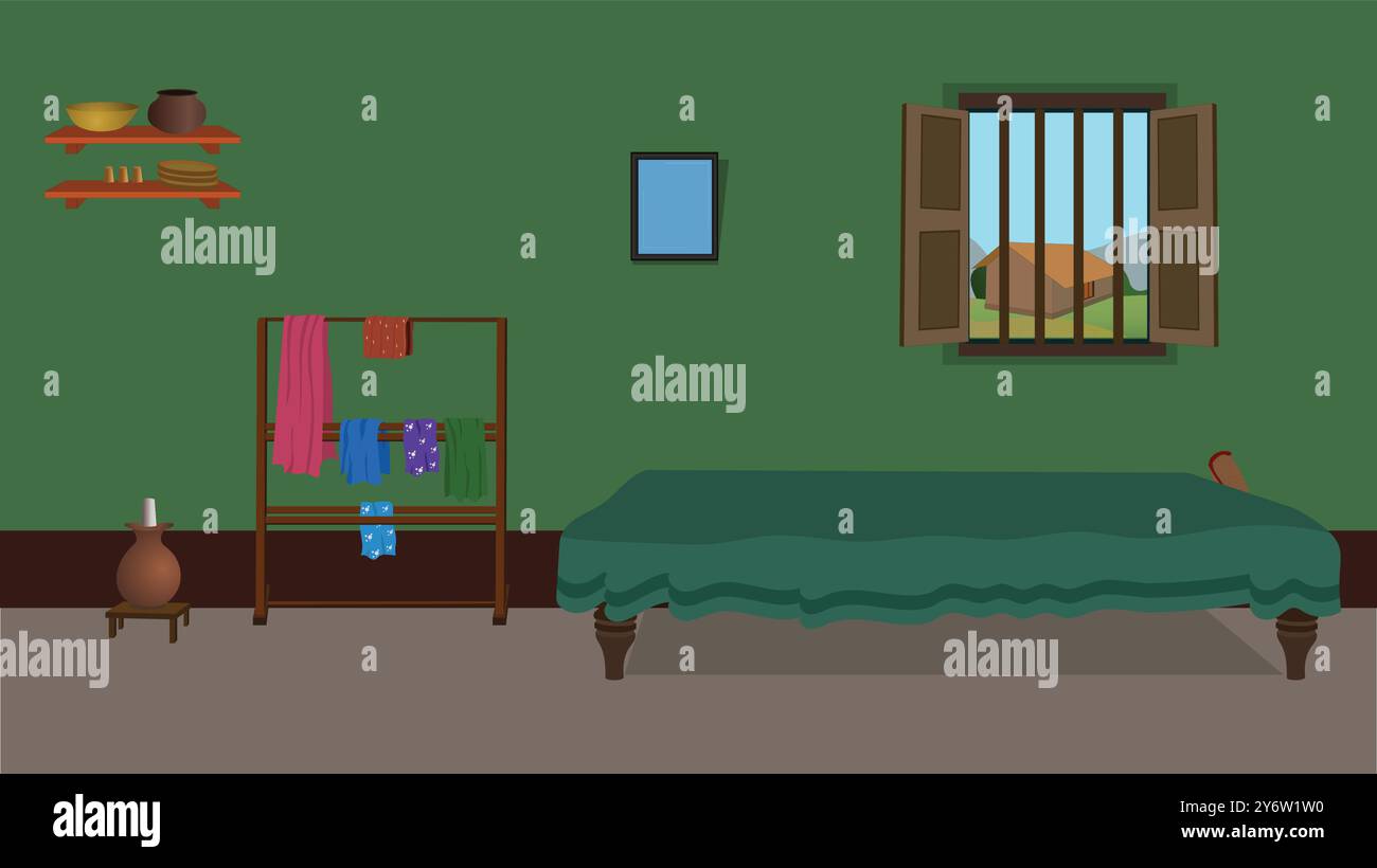 Village room inside vector, poor mud house room interior cartoon ...