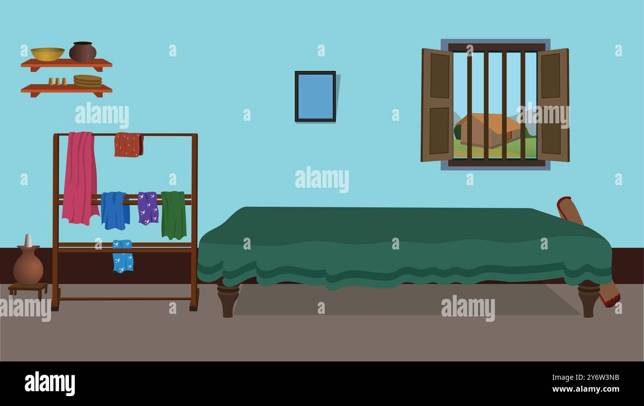 Village room inside vector design. bedroom interior illustration with ...