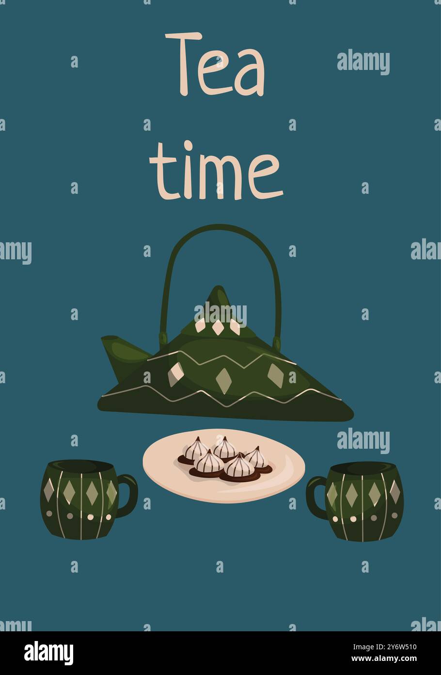 Tea Time Vector Illustration with two cups of Hot Drink, Sweet Desserts ...