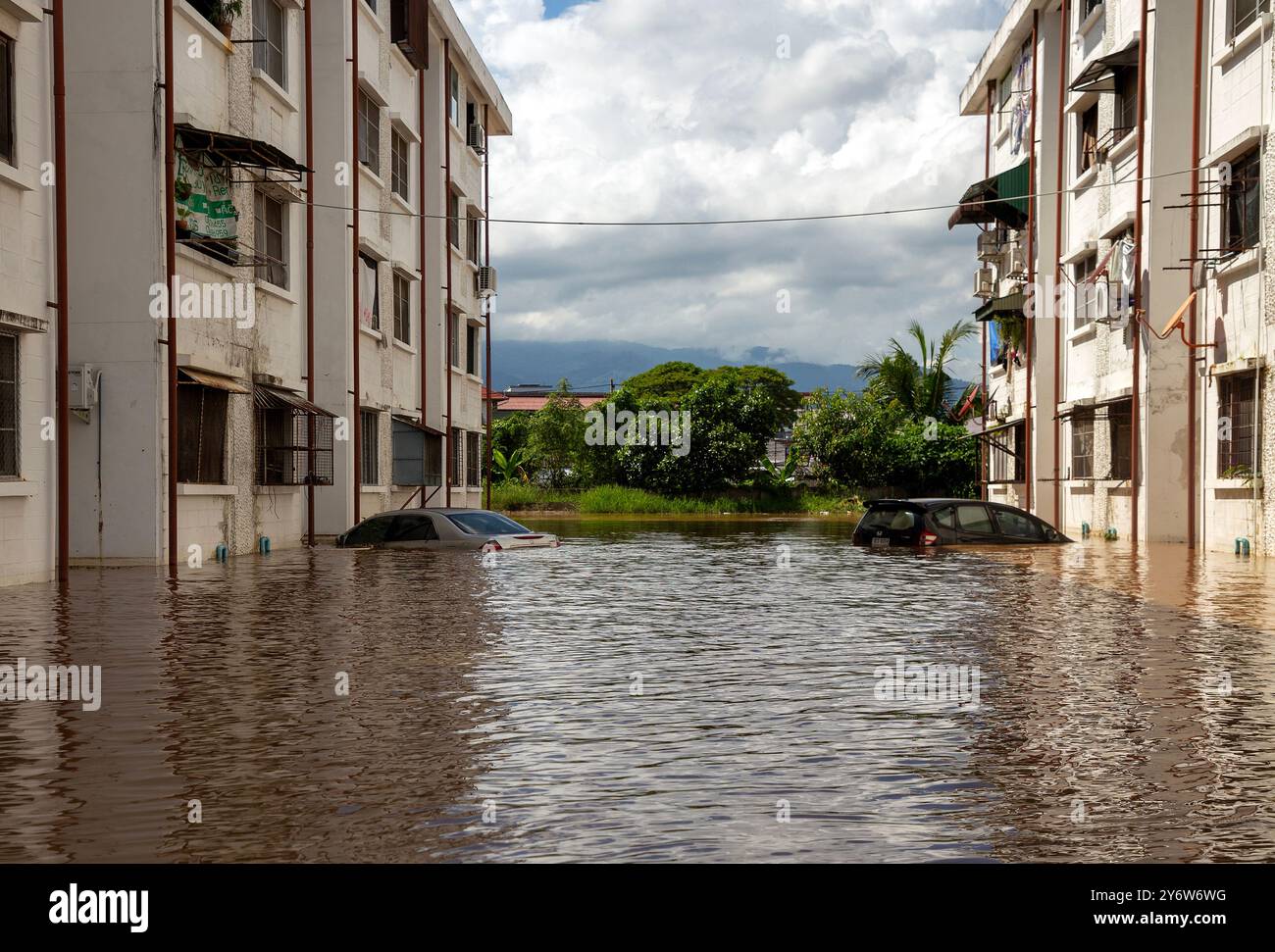 September 26, 2024, Chiang Mai, Thailand: View of cars are submerged in ...