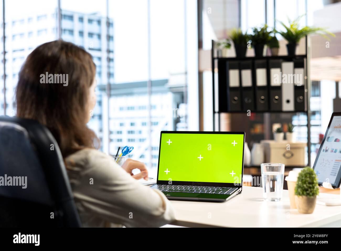 Business director working in her own office with green screen, looking ...