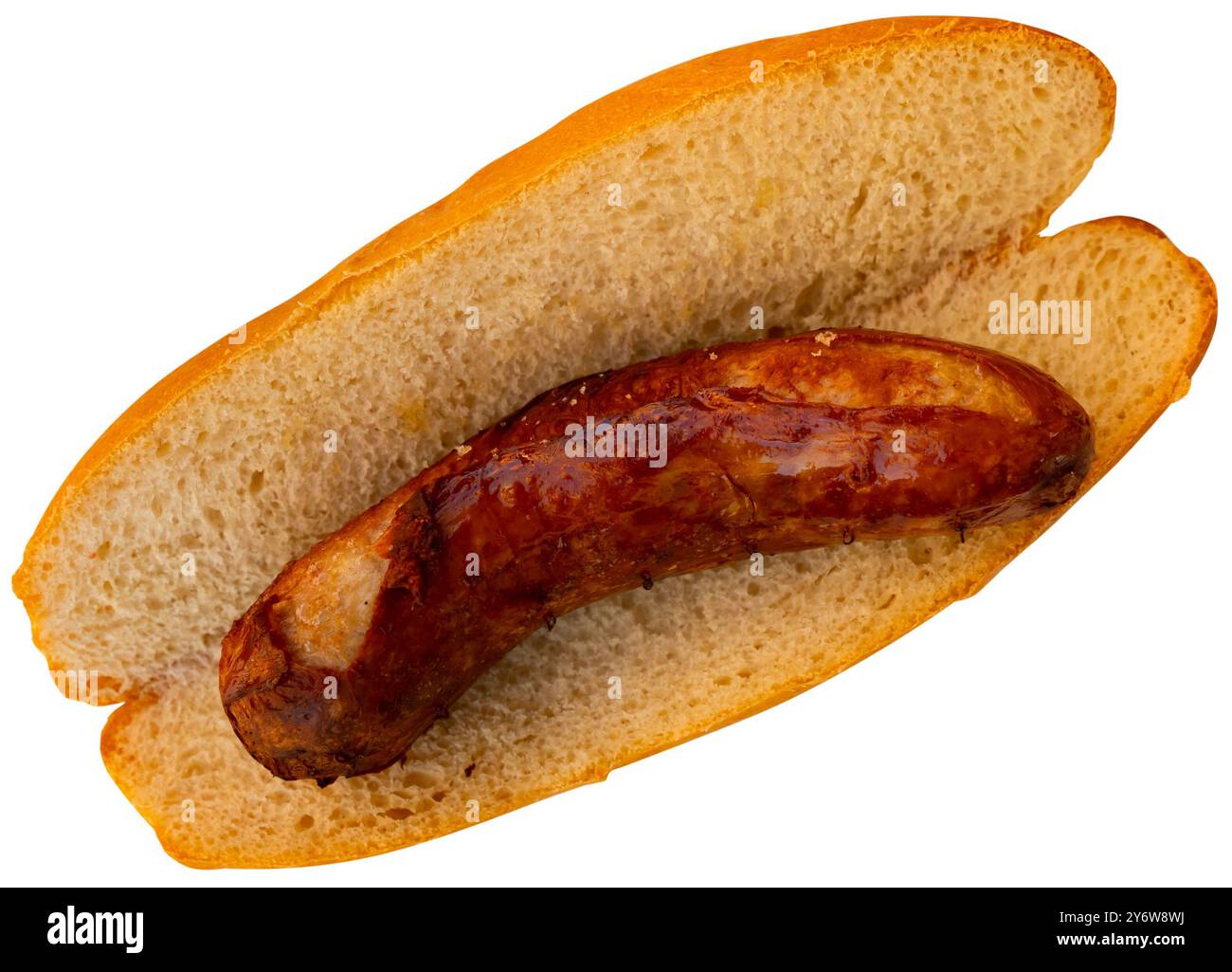 Hearty snack is crispy baguette stuffed with juicy fatty sausages Stock ...
