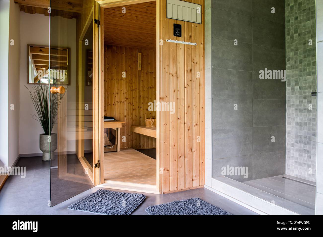 Wooden Sauna With Benches. The sauna is empty. The wooden benches ...