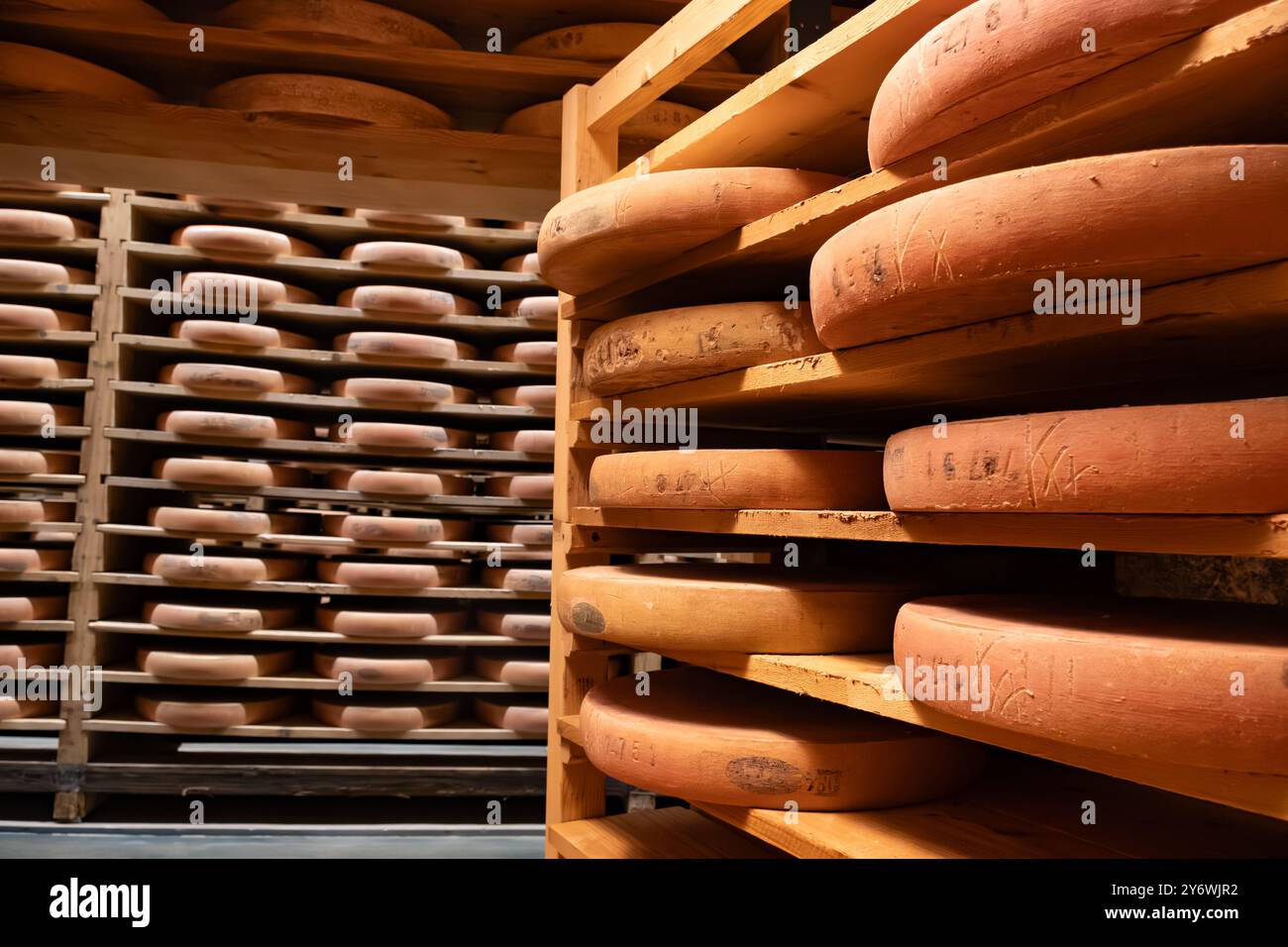 Aging rooms with many shelves in cheese caves, central location for ...