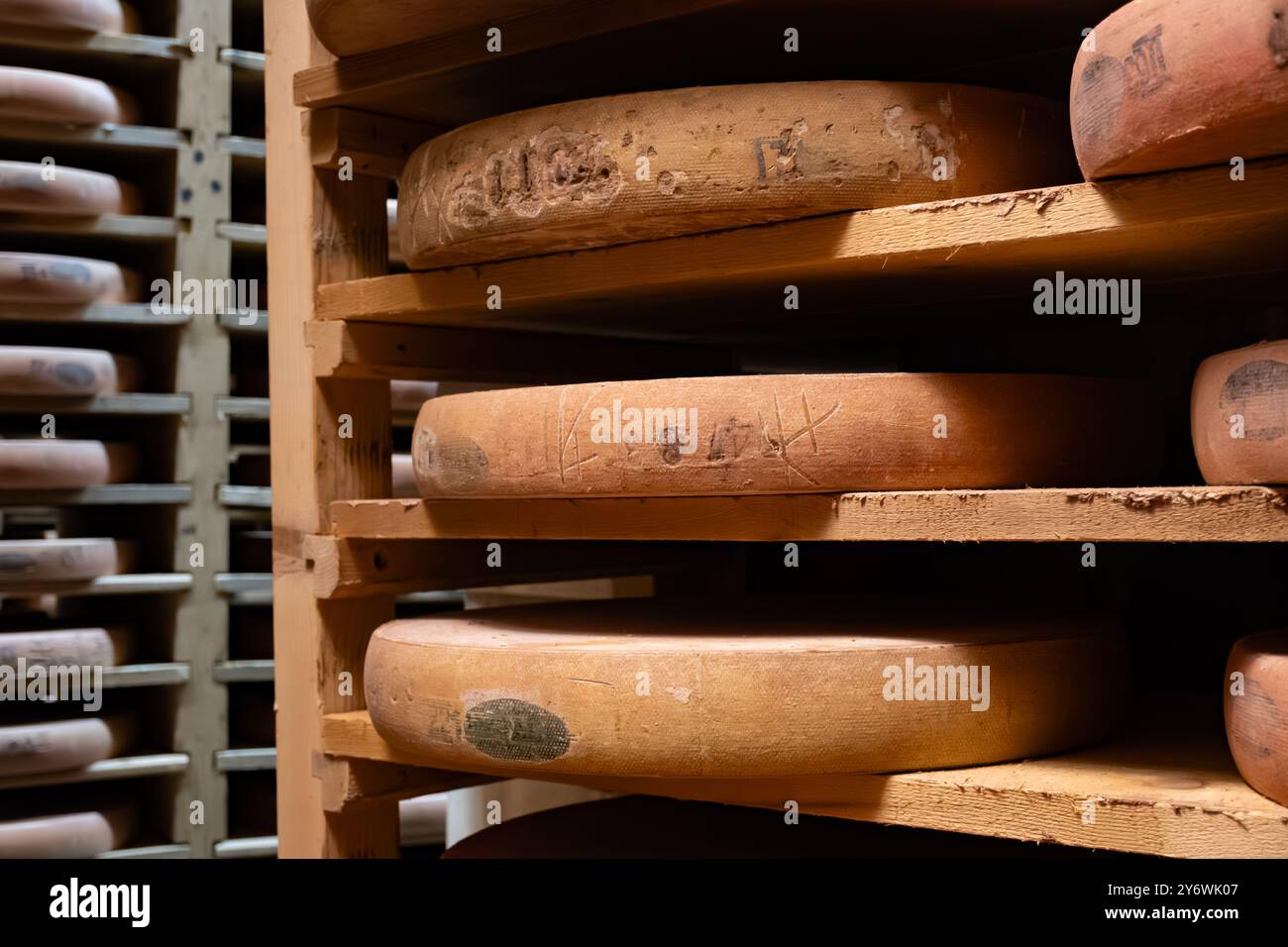 Aging rooms with many shelves in cheese caves, central location for ...