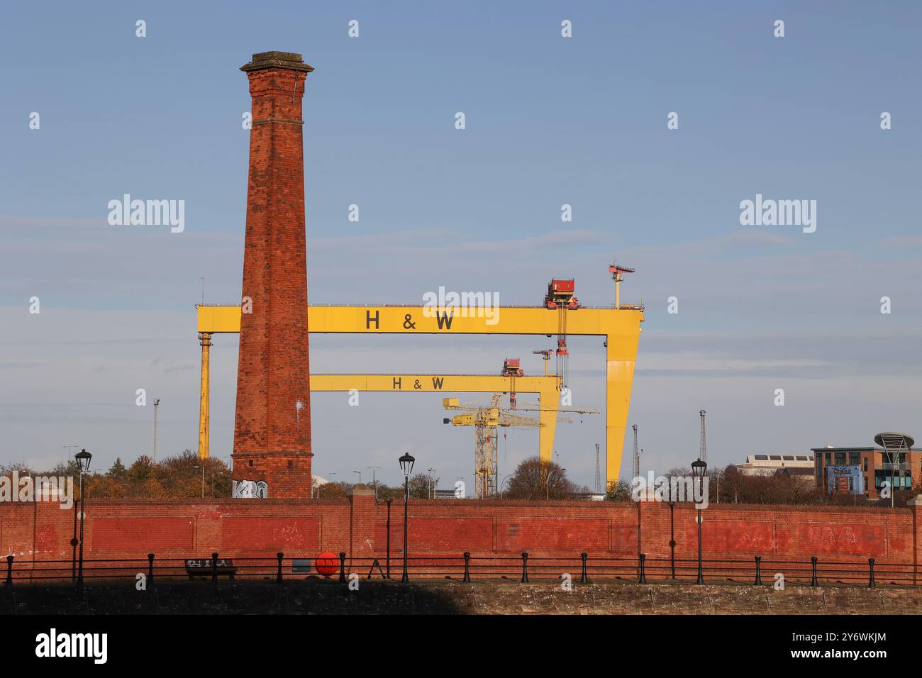 Industrial east Belfast skyline, River Lagan walkway, old industrial ...