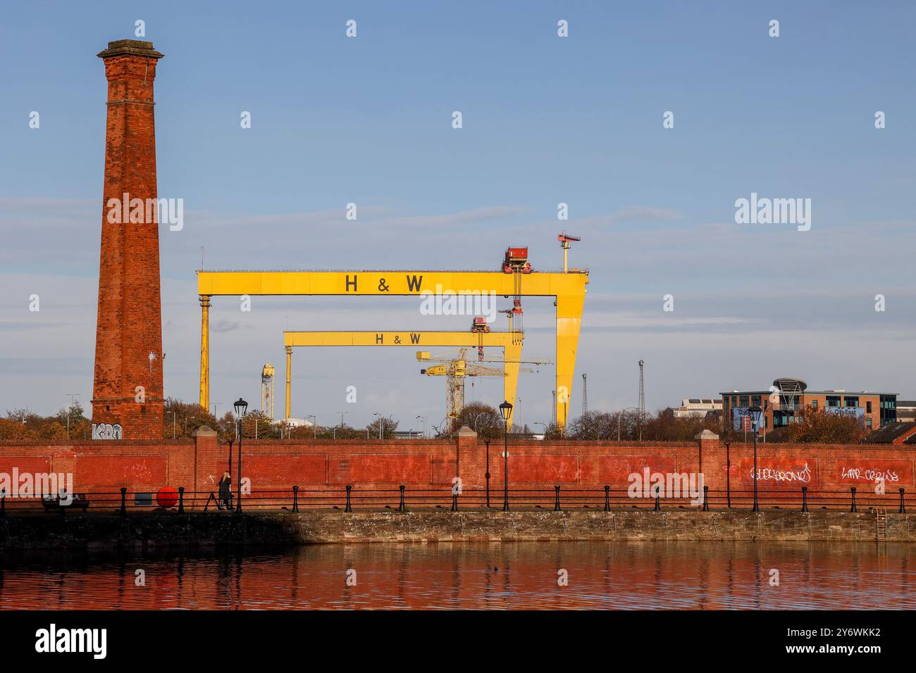 Industrial east Belfast behind River Lagan embankment, old industrial ...