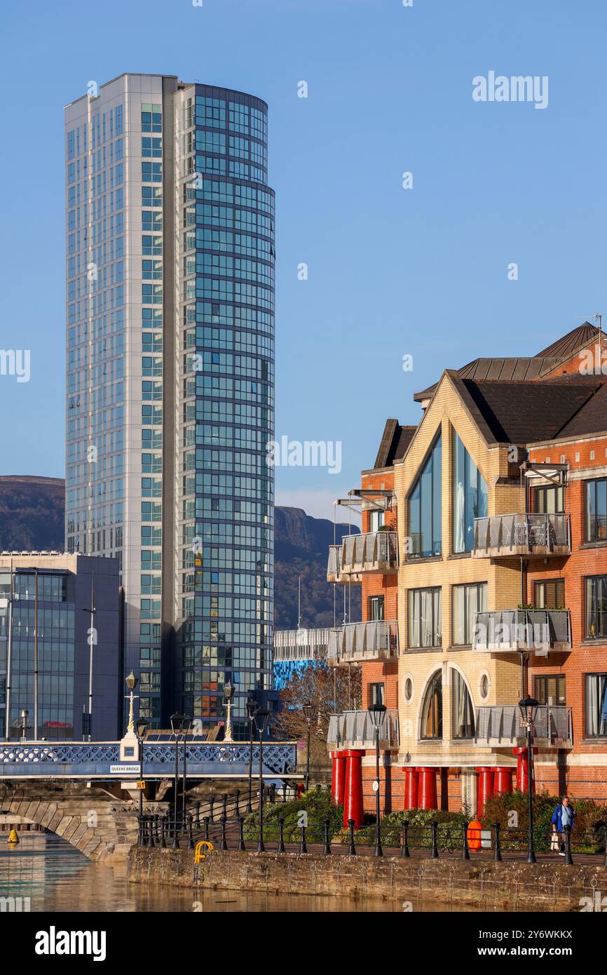 Modern tall high-rise glass-fronted apartment block on Belfast skyline ...