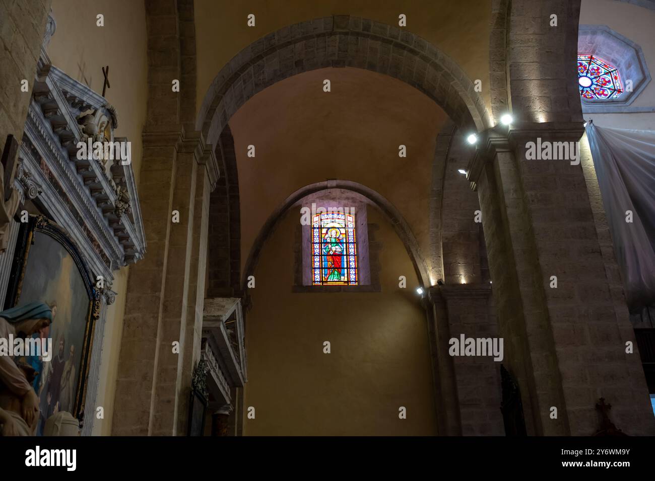 stained glass inside the renovated medieval cathedral in Lorgues ...