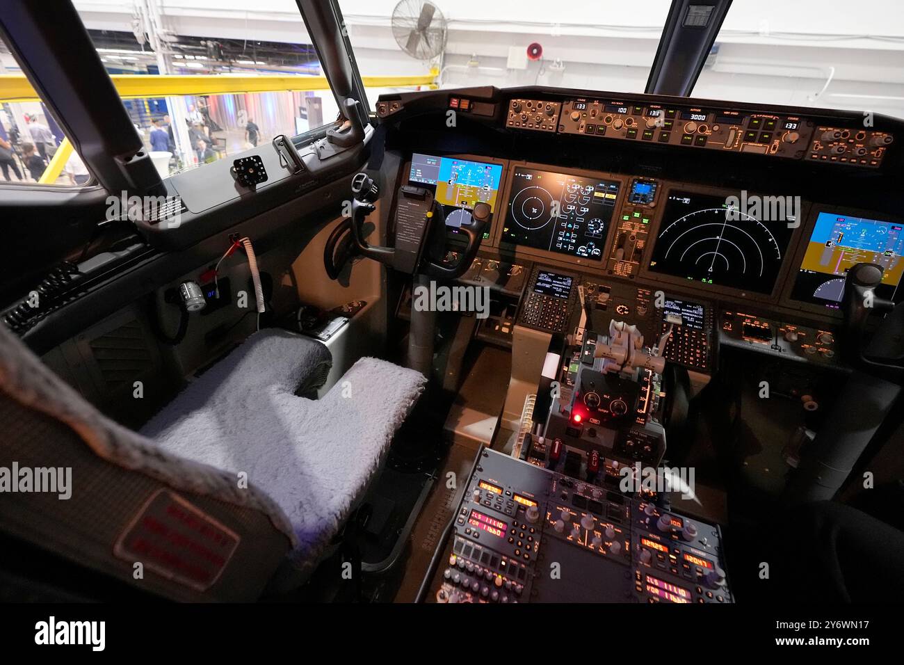 A view of a pilot's chair in the cockpit of a Southwest Airlines ...