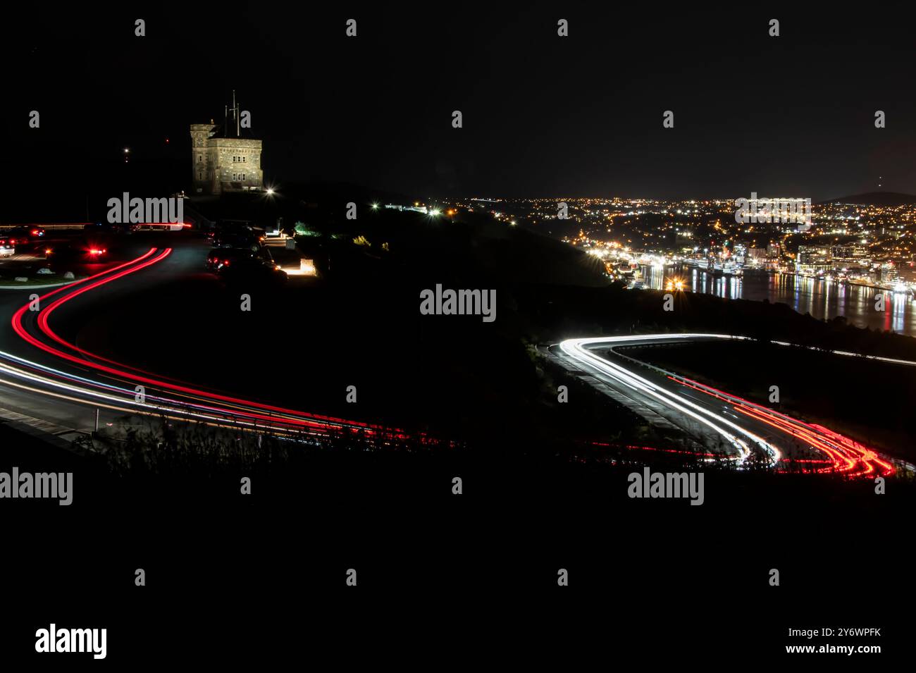 Car trails on Signal Hill Road and Cabot Tower at night in St. John's ...