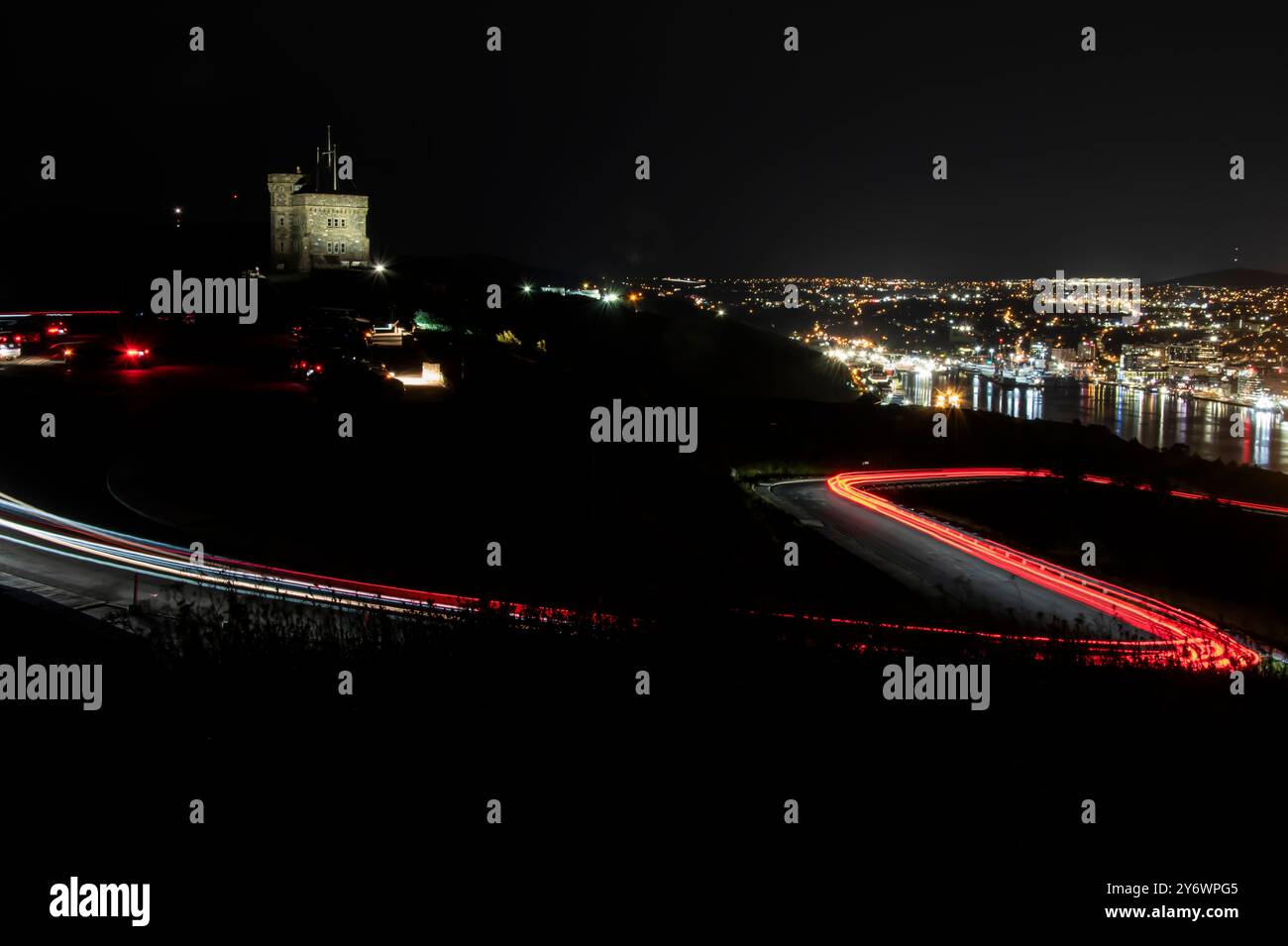 Car trails on Signal Hill Road and Cabot Tower at night in St. John's ...