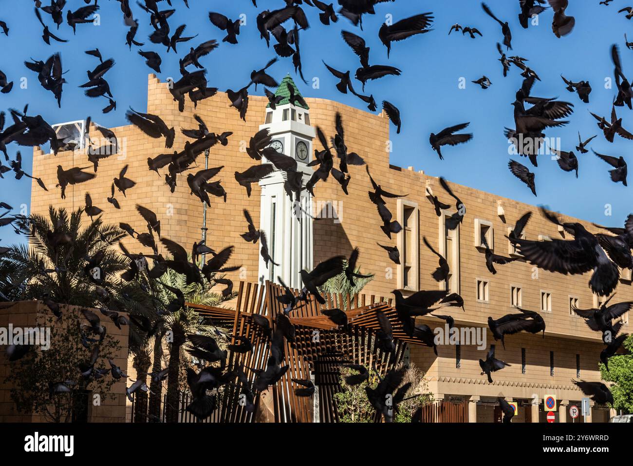 Pigeons and Safat clocktower in Ad Dirah neighborhood in Riyadh, Saudi ...