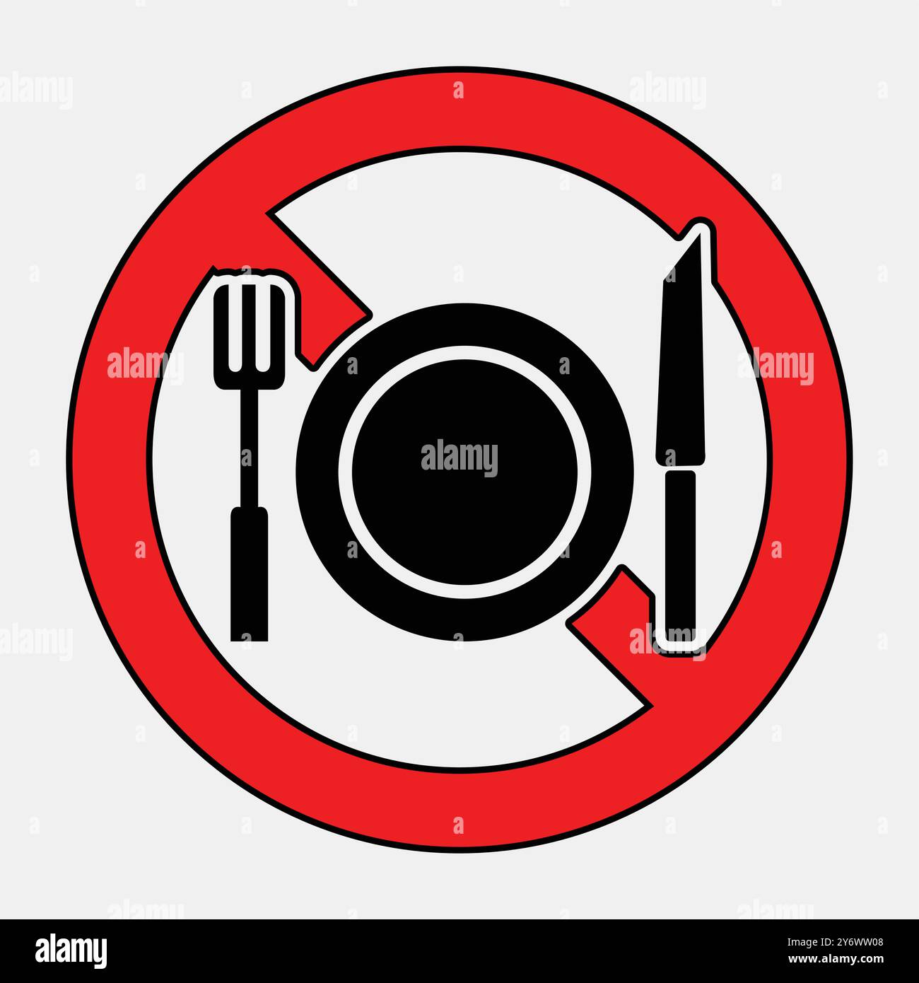 A striking no eating symbol featuring a crossed-out plate and utensils ...