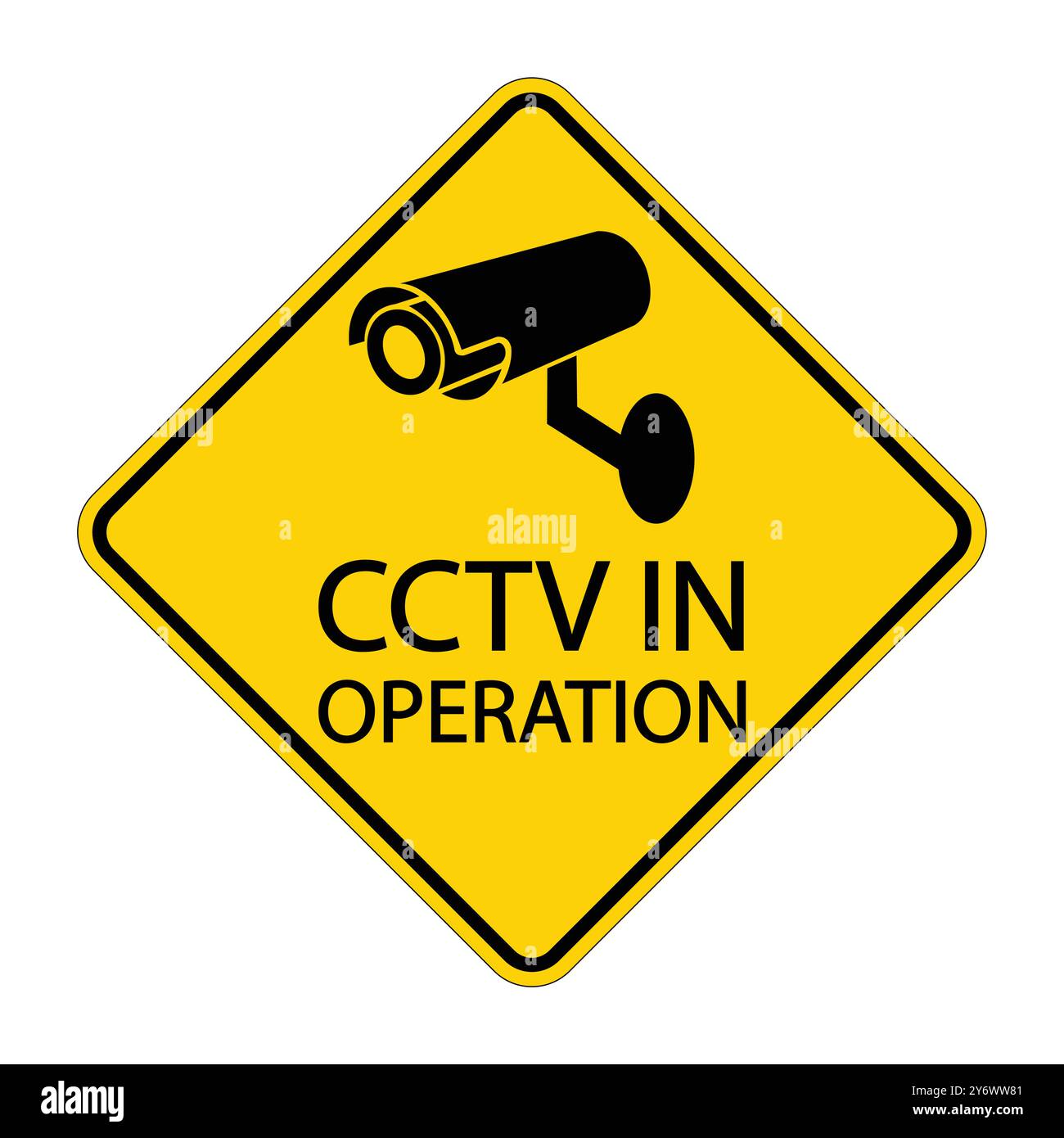 A bright yellow warning sign featuring a CCTV camera icon with the text ...