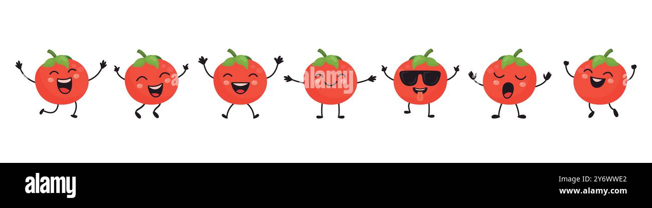 Flat Vector Cartoon Cute and Funny Tomato Character. Dancing, Smiling ...