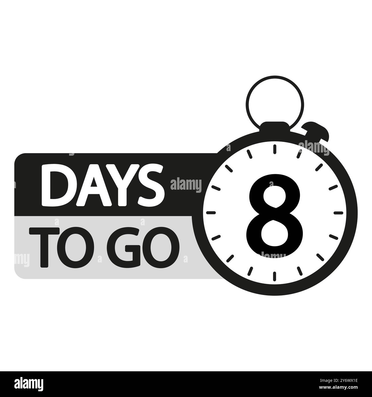 Countdown timer illustration. Number eight focus. Bold 8 days to go text. Monochrome stopwatch ...