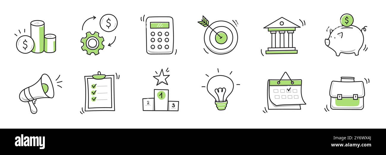 Hand drawn doodle business, money icon set. Finance, money, marketing ...