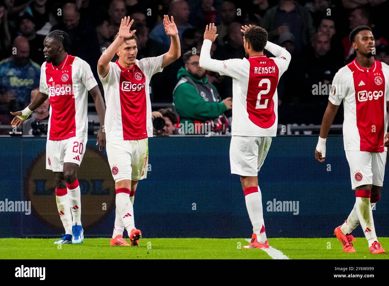 AMSTERDAM, NETHERLANDS - SEPTEMBER 26: Mika Godts of AFC Ajax and Devyne Rensch of AFC Ajax ...