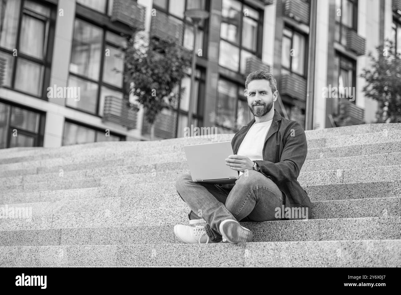 copy space for freelancer man with pc outside. photo of freelancer man ...