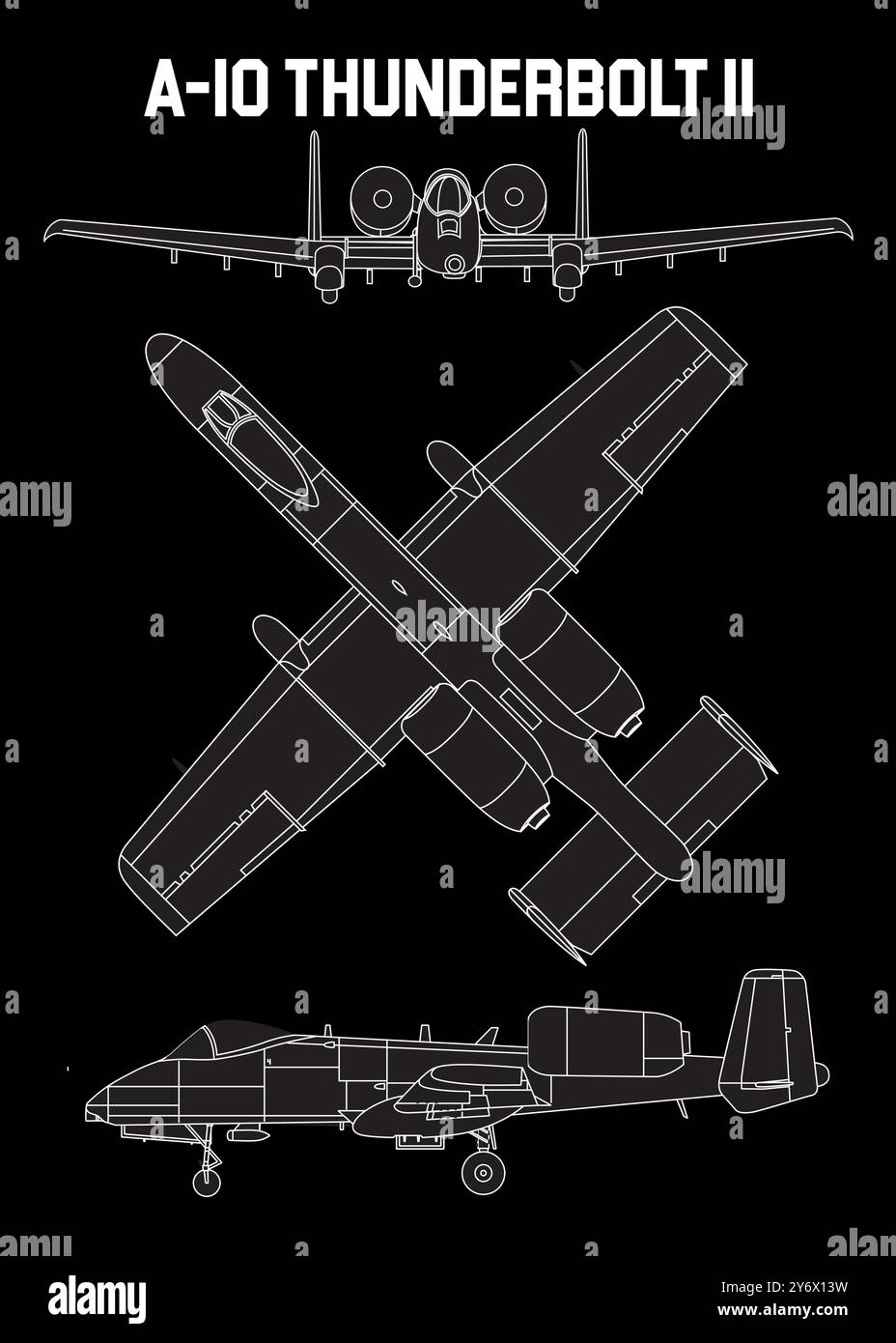 detailed line drawing of the A-10 Thunderbolt II aircraft, a twin ...
