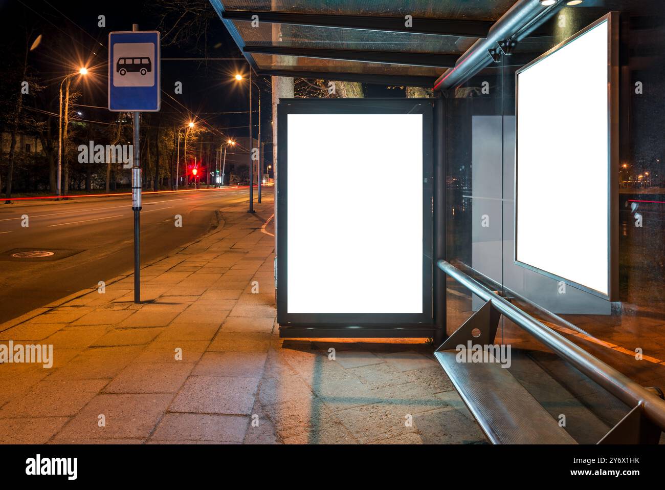 Vertical Mockup Of An Empty Bus Stop Advertising Light Box At Night ...