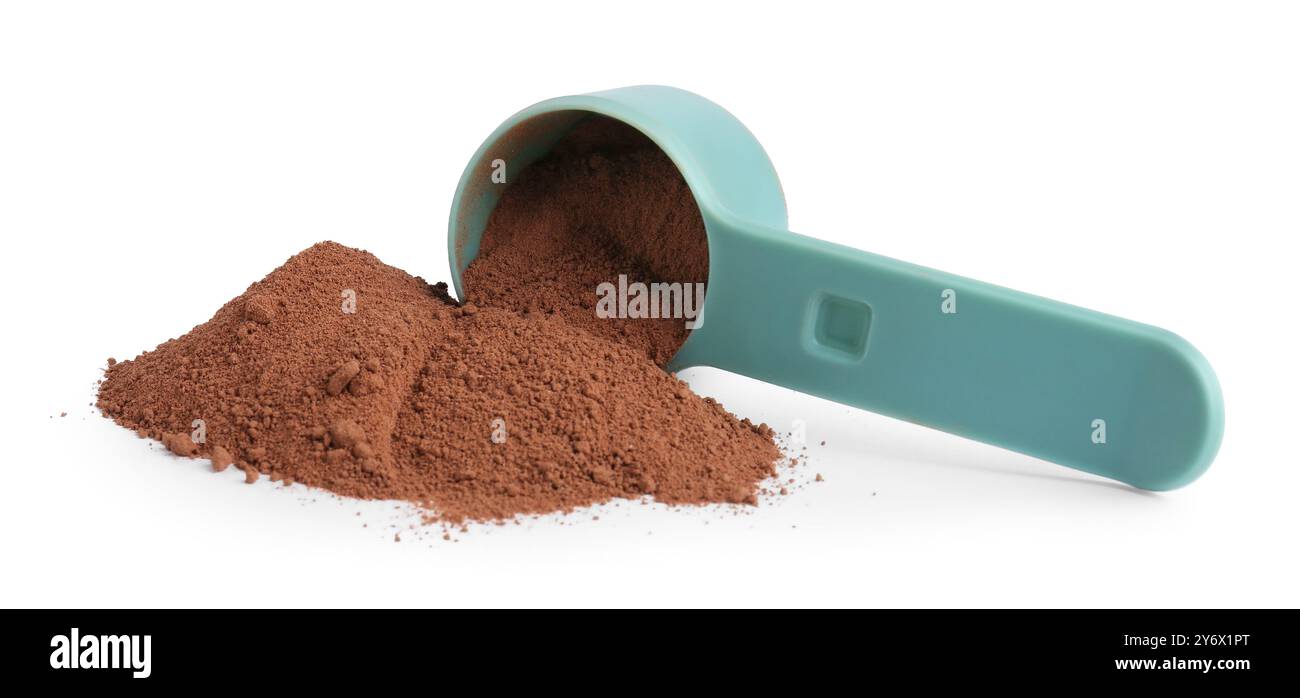 Protein powder and scoop isolated on white Stock Photo - Alamy