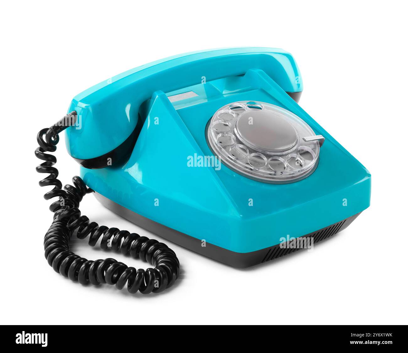 Old light blue telephone with rotary dial isolated on white Stock Photo ...