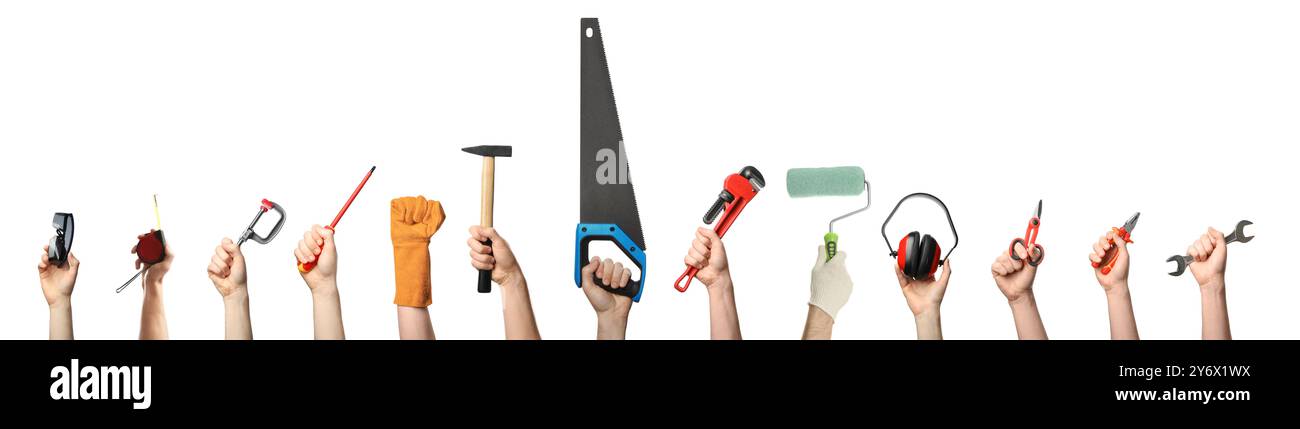 Hands of people with different tools isolated on white Stock Photo - Alamy