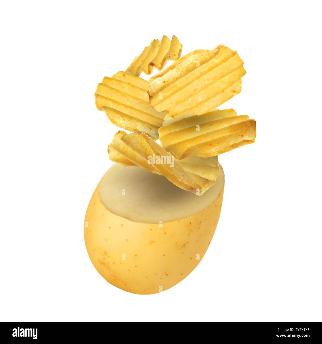 Raw potato turning into tasty crispy chips in air on white background ...