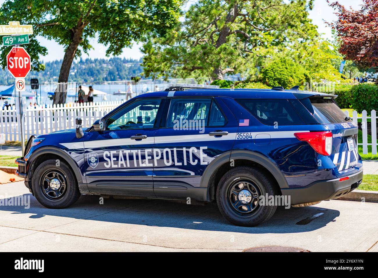 Seattle, WA, USA -July 3, 2024: Blue and white Seattle police car ...