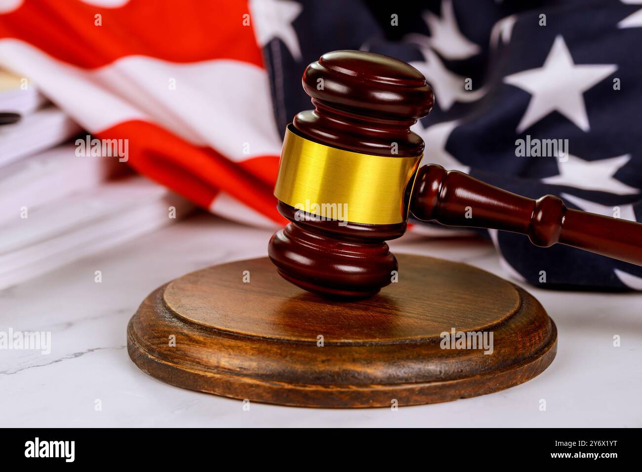 American flag judge gavel is symbol of justice legal system in United ...