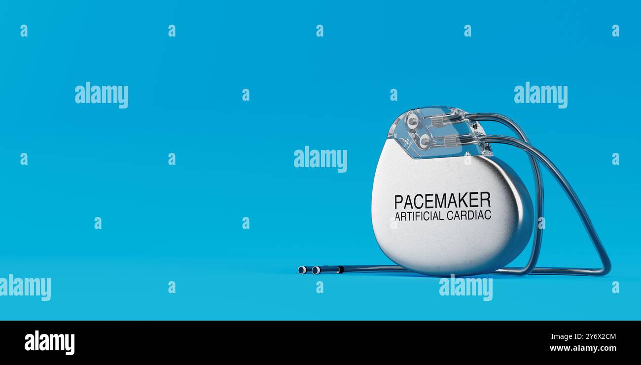 Implantable Artificial Cardiac Pacemaker Device on a blue background ...