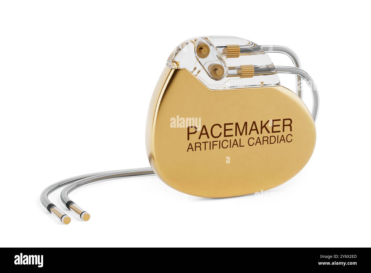 Golden Implantable Artificial Cardiac Pacemaker Device on a white ...