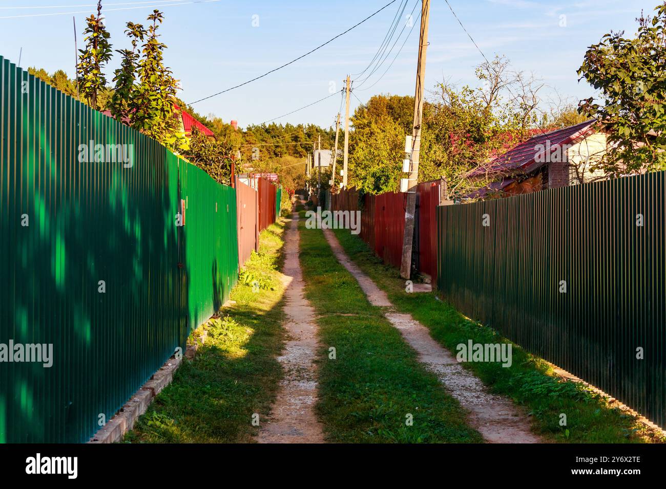 Narrow alley between summer cottages, green fences made of corrugated ...