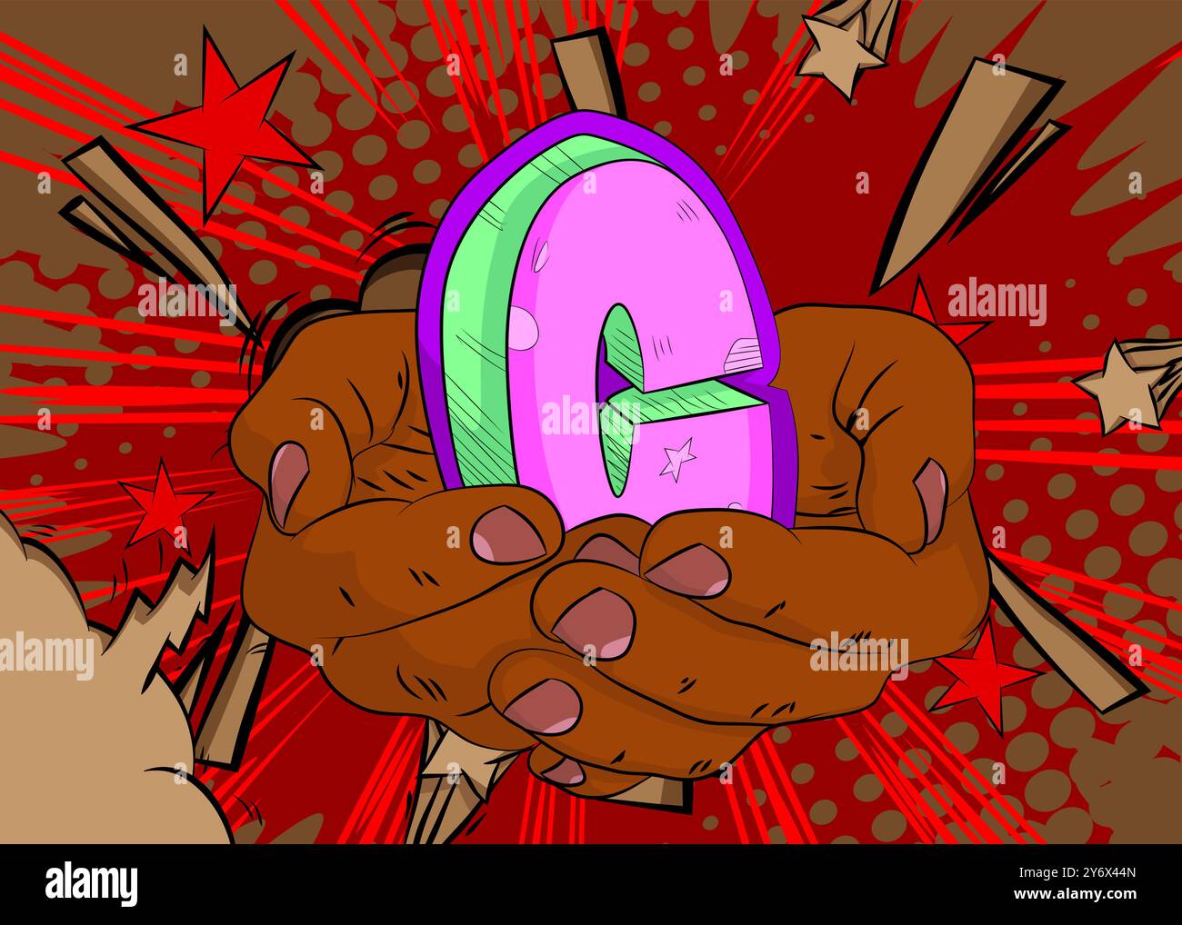 Cartoon, comic book human hands holding Letter C. Retro vector comics ...