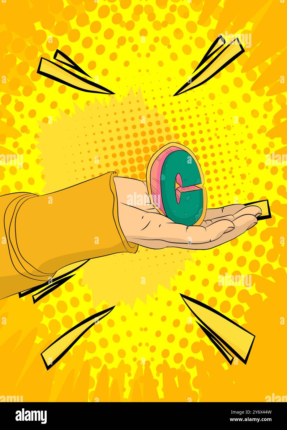 Cartoon, comic book human hands holding Letter C. Retro vector comics ...